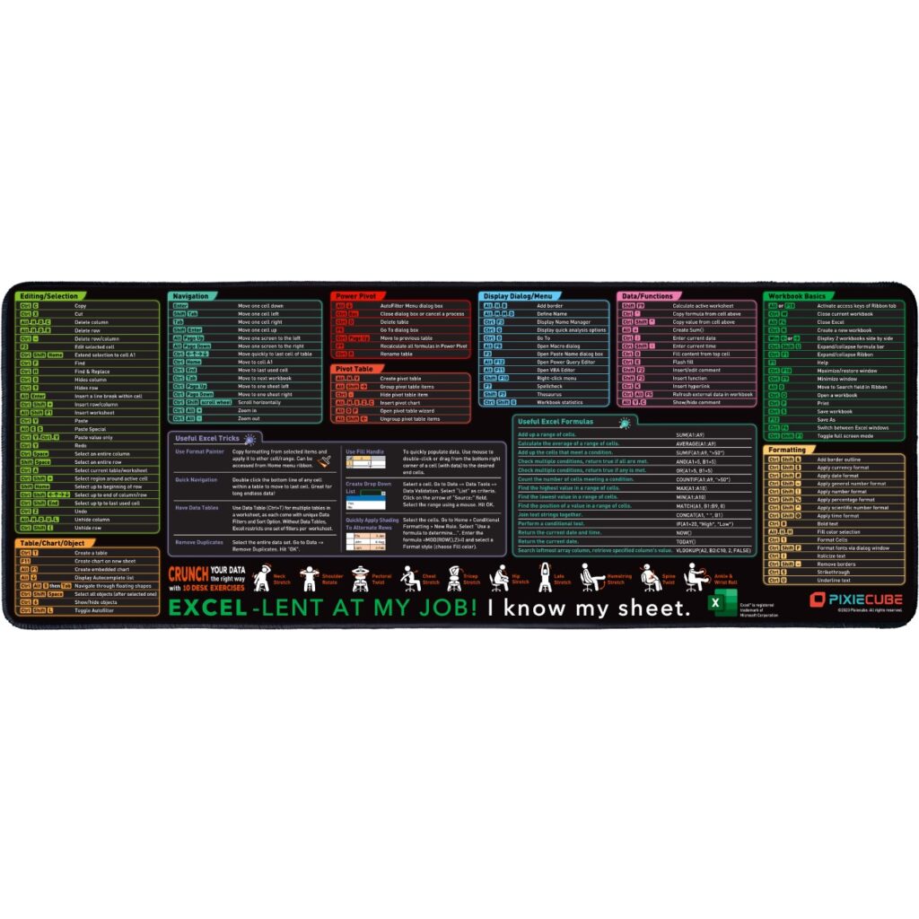 Excel Shortcut Keys Mouse Pad – Extended Large XL Cheat Sheet Gaming ...